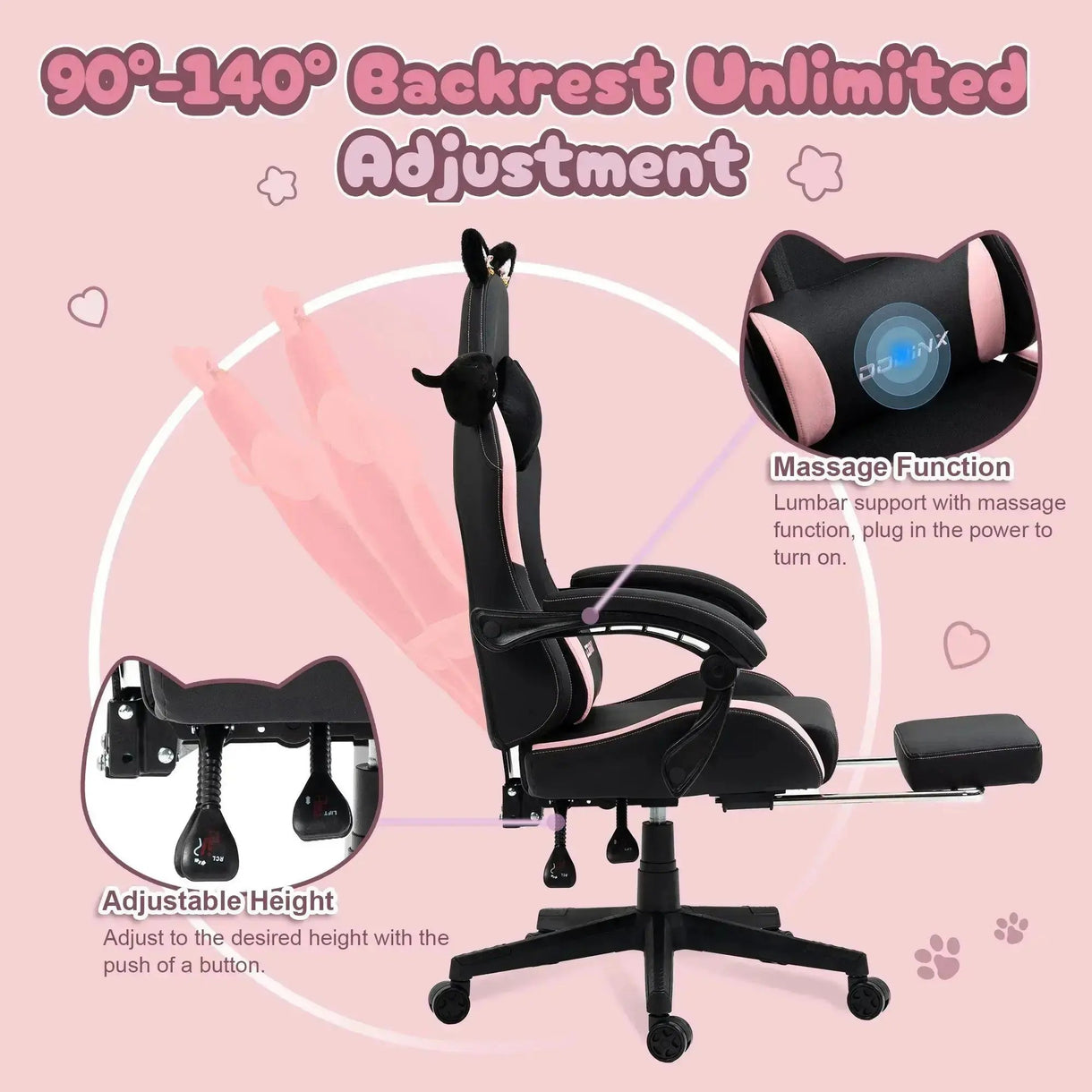 Dowinx Gaming Chair Cute with Cat Ears and Massage Lumbar Support Black ...